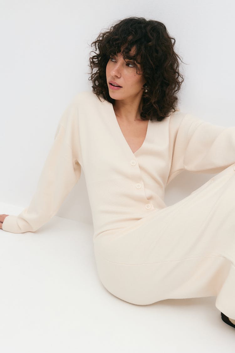 knitted button down dress - Vit - Dam - Gina Tricot