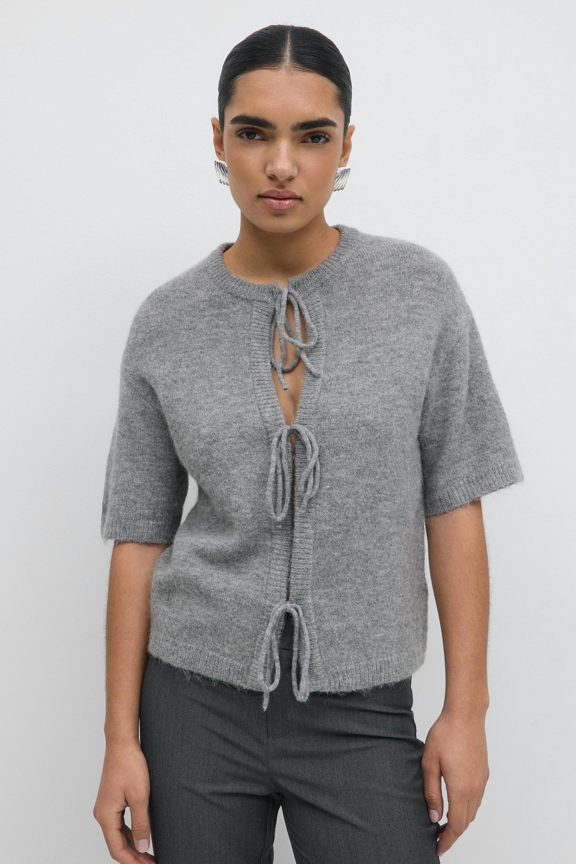 Knitted tie cardigan - Grey - Women - Gina Tricot