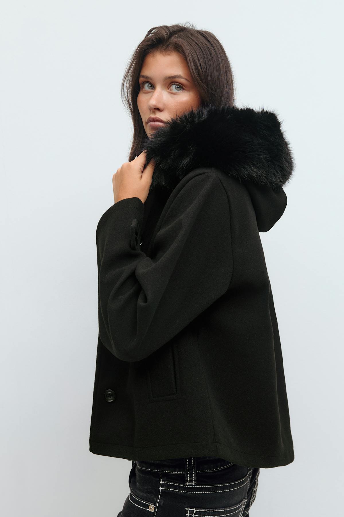 Y fur felt jacket - Black - Gina Tricot