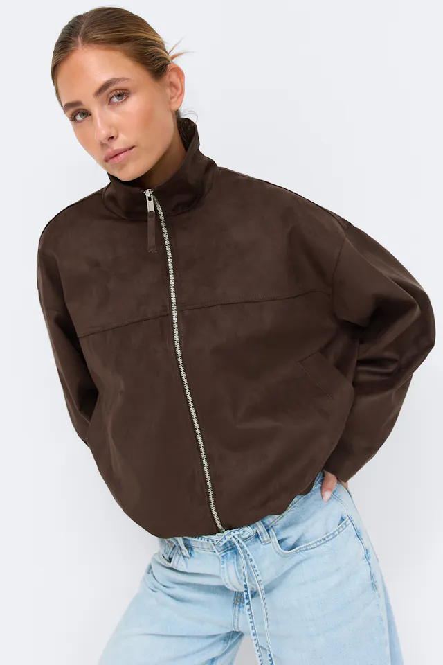 Faux suede high neck jacket - Ruskea - Nainen - Gina Tricot